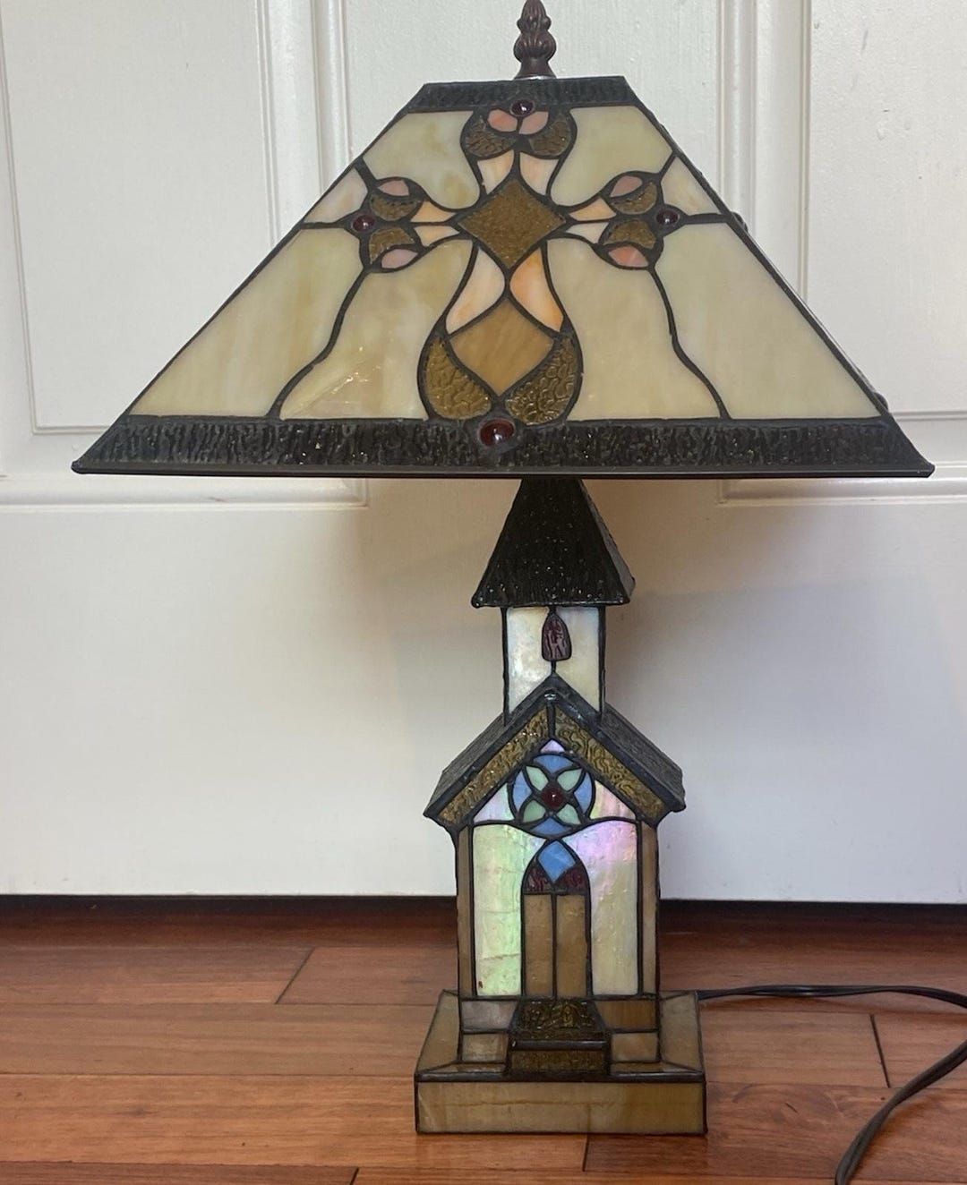 Rare 20" Stained Glass Chapel Church Lamp W/ Shade Cross Design ...