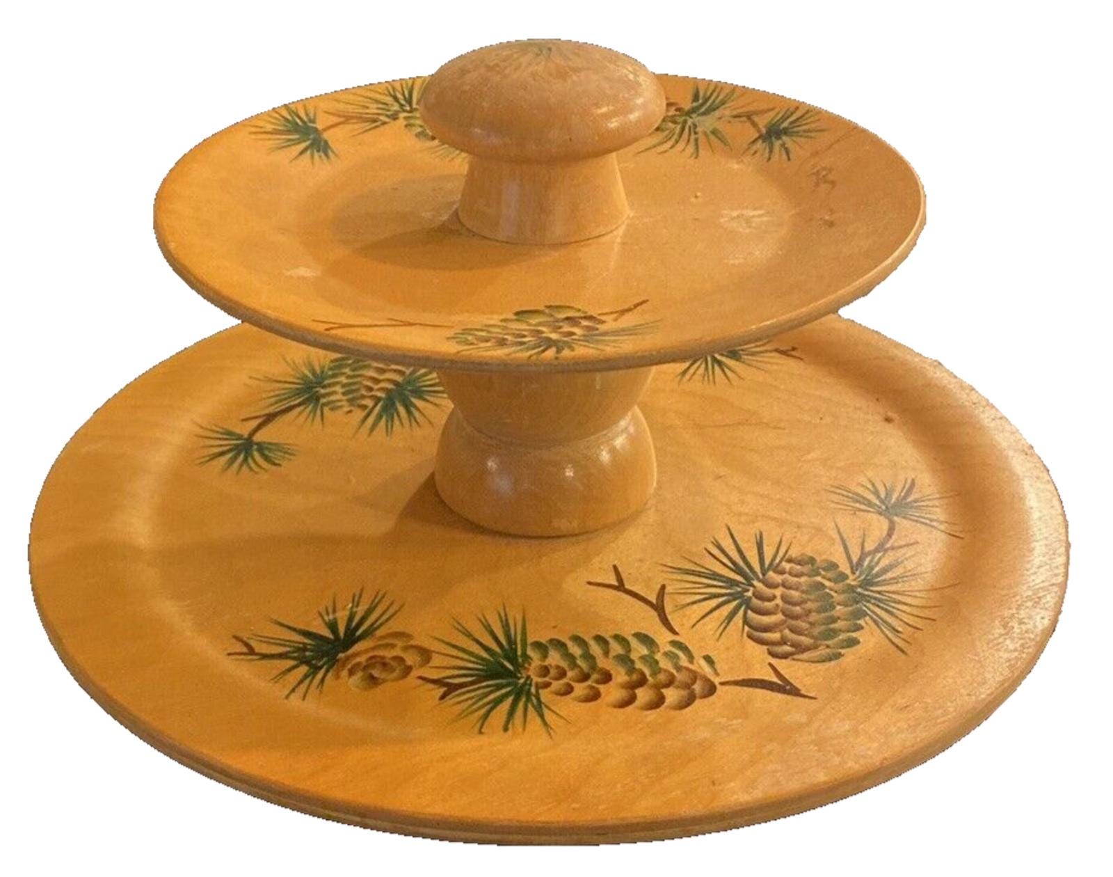 Vtg Two Tier Wooden Tray and Platter Woodero Hand Painted Pine Cones ...