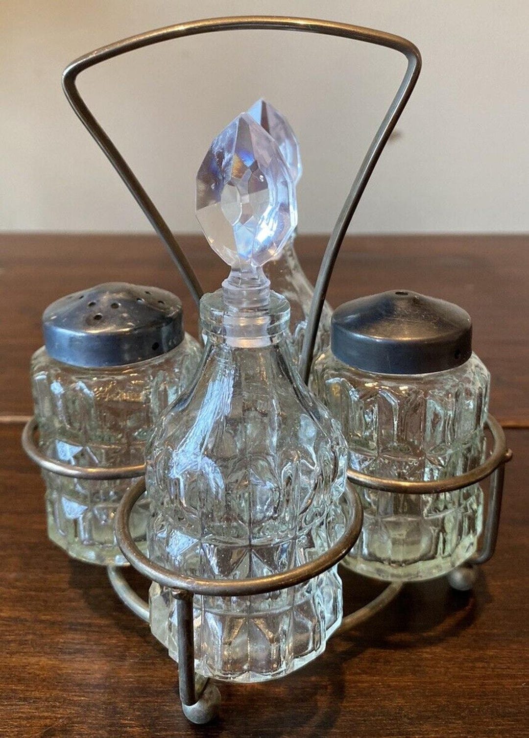 Vtg 5 PC Glass Crust Set Salt & Pepper Oil Vinegar in Carrier Nancy ...