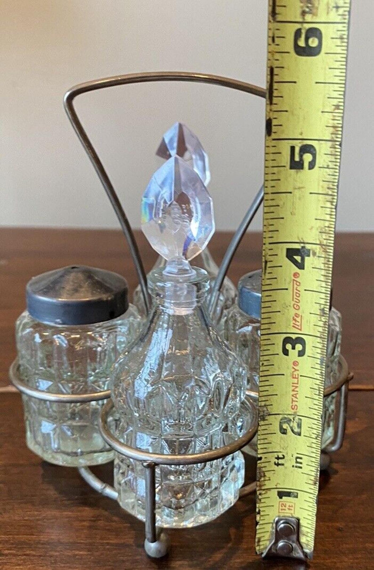 Vtg 5 PC Glass Crust Set Salt & Pepper Oil Vinegar in Carrier Nancy ...