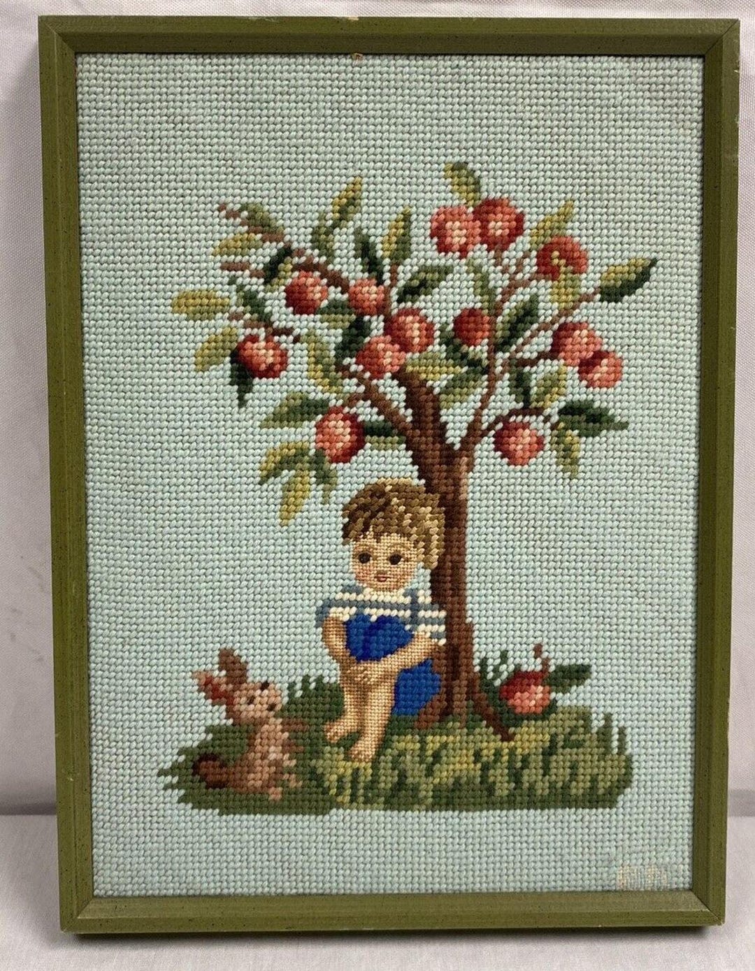 Vtg Picture Needlepoint Boy Under Apple Tree Bunny Rabbit ...