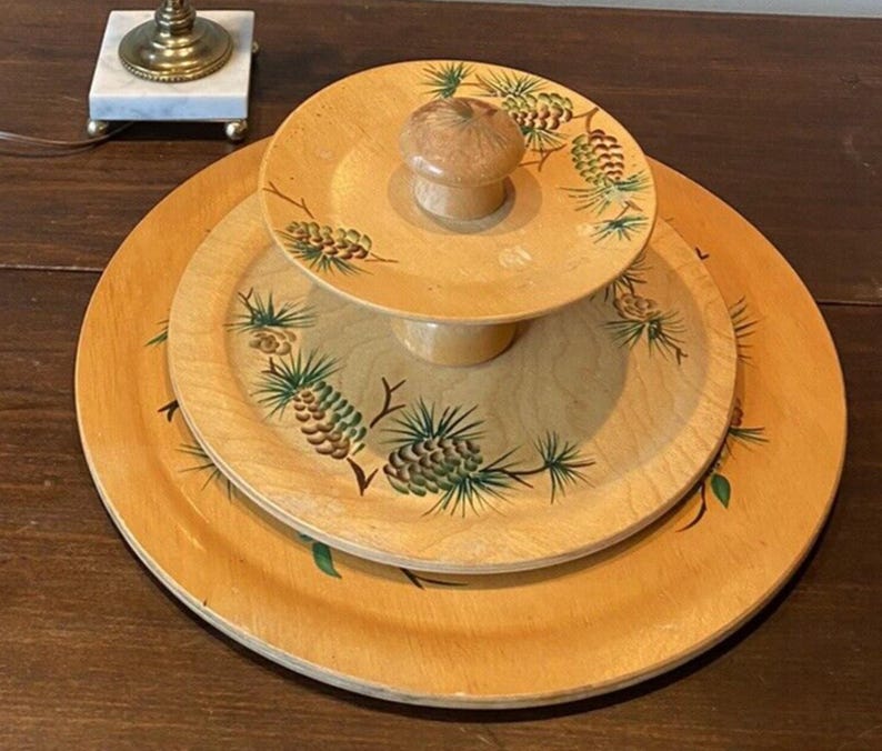 Vtg Two Tier Wooden Tray and Platter Woodero Hand Painted Pine Cones ...