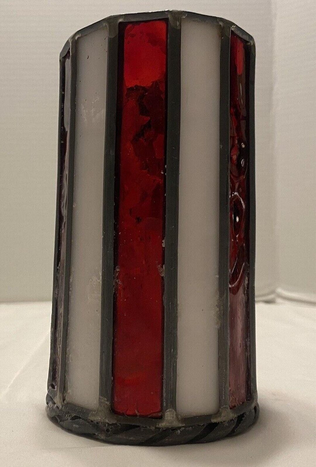Vintage Leaded Stained Glass Votive Candle Holder Candy Cane Red White ...