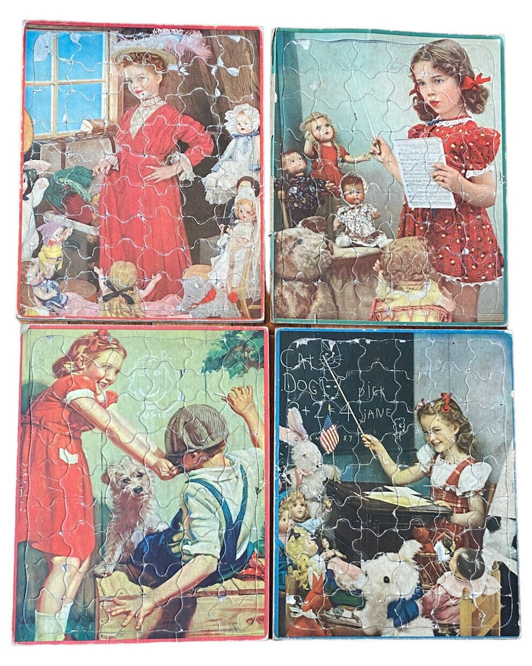 Vtg Jigsaw Puzzles 1940's Litho USA Hard Cardboard Children at Play 14 ...