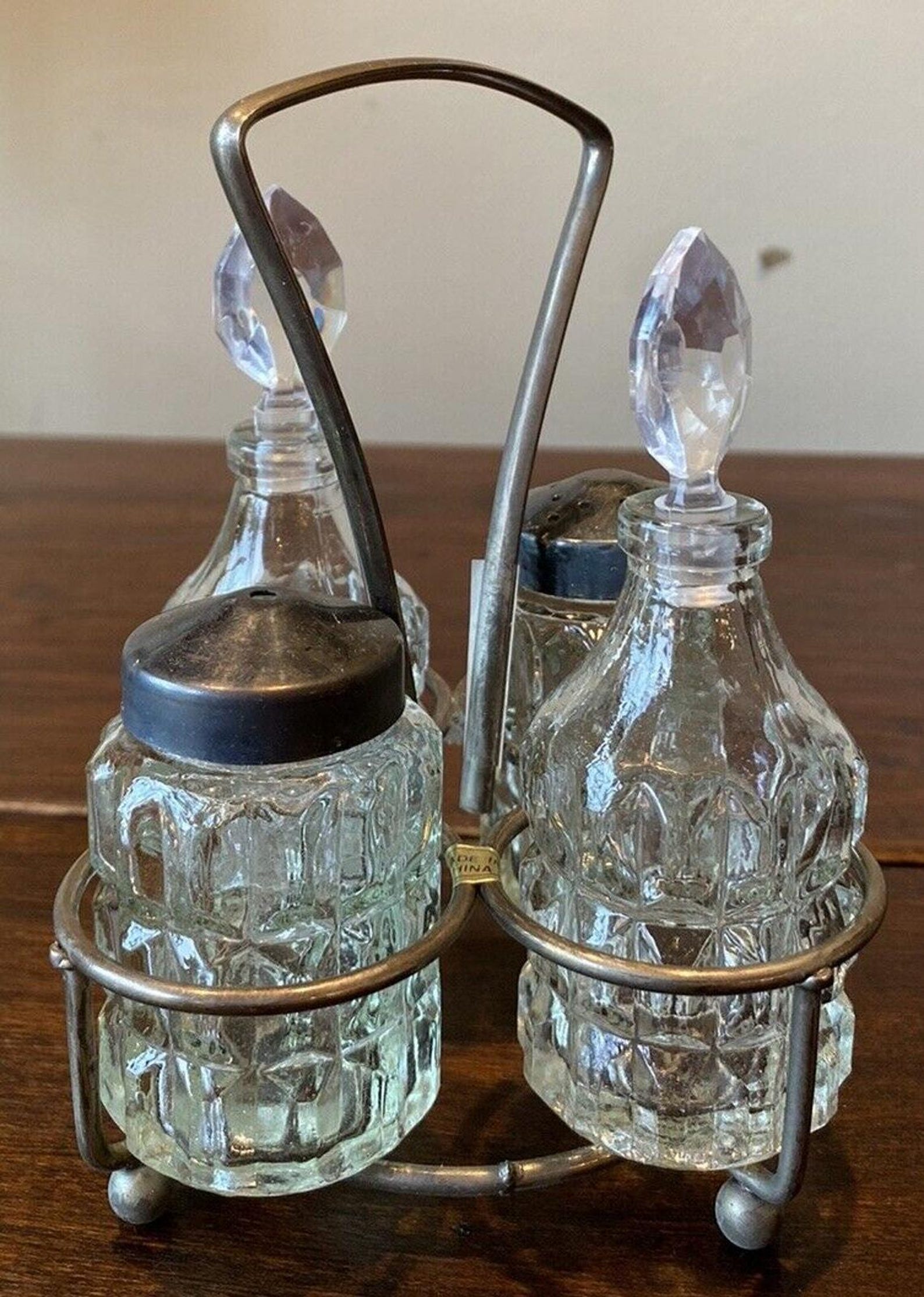 Vtg 5 PC Glass Crust Set Salt & Pepper Oil Vinegar in Carrier Nancy ...