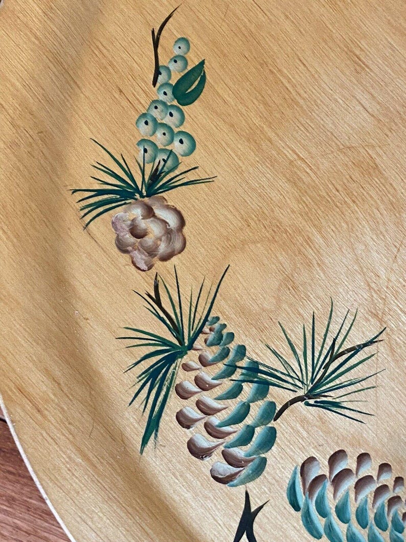 Vtg Two Tier Wooden Tray and Platter Woodero Hand Painted Pine Cones ...
