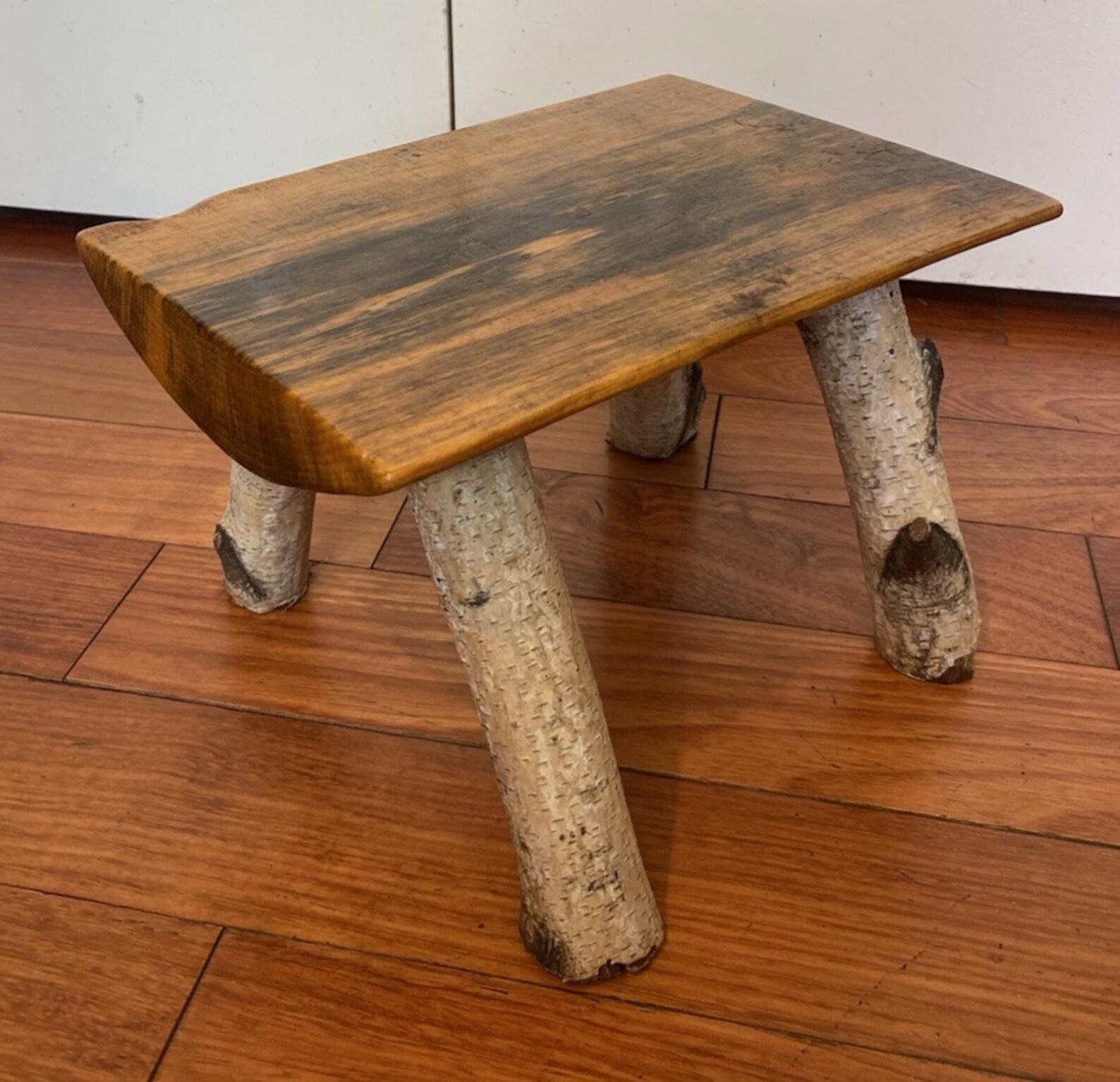 Vtg Foot Stool 7.25" Birch Tree Branch Legs Wood Top Plant Stand Cabin ...