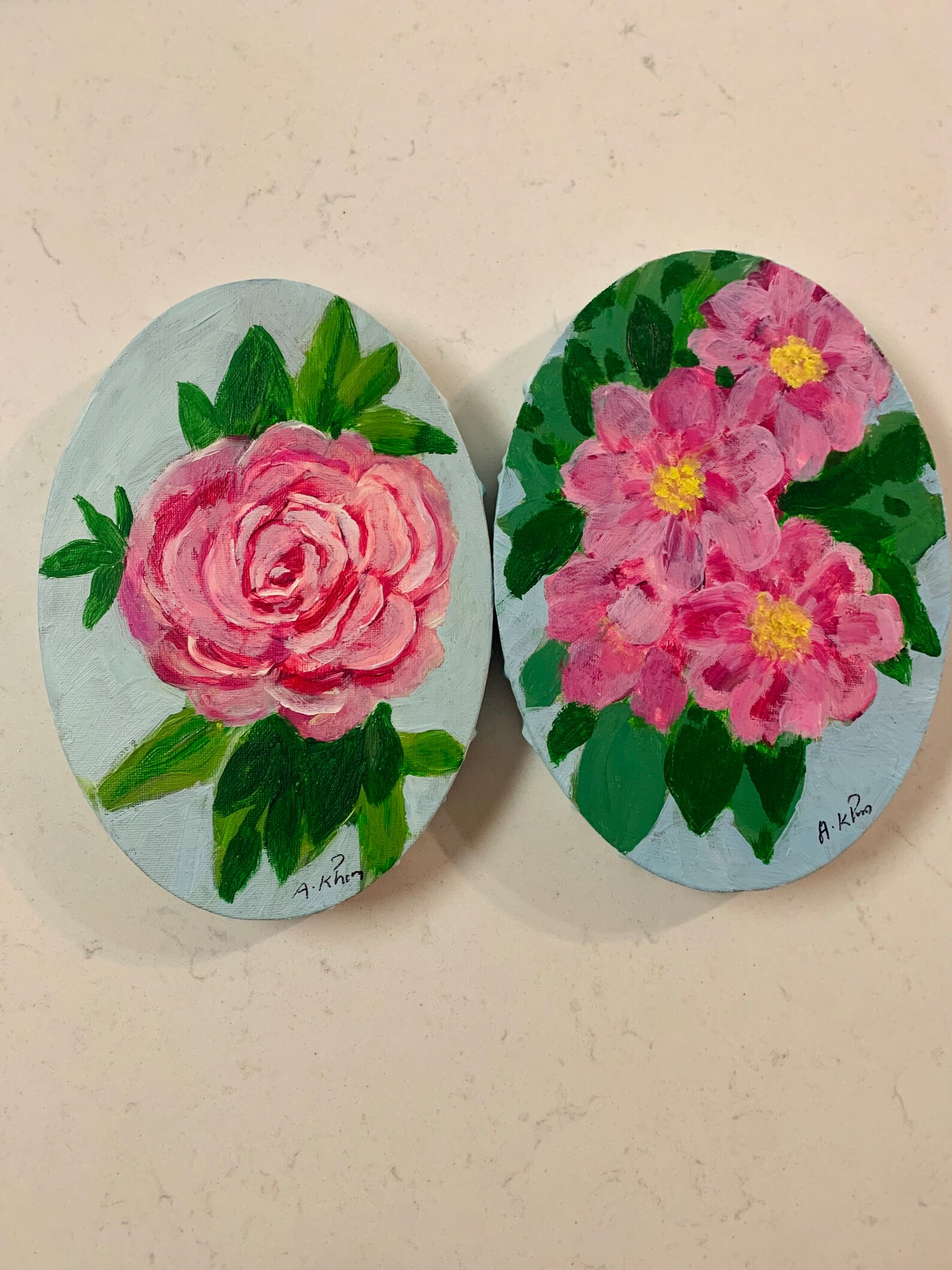 Original Oval Shape Floral Painting Set of Two Original .5x7 Vintage ...