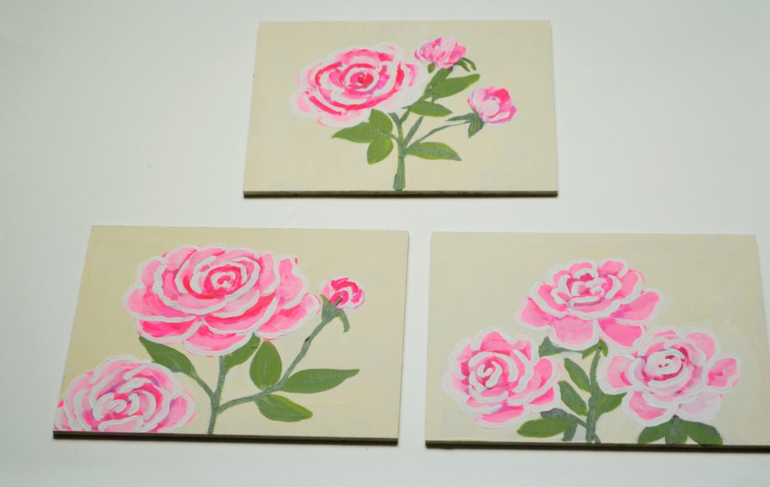 Original Floral Acrylic Painting on Wooden Panel/pink Flowers Art Set ...