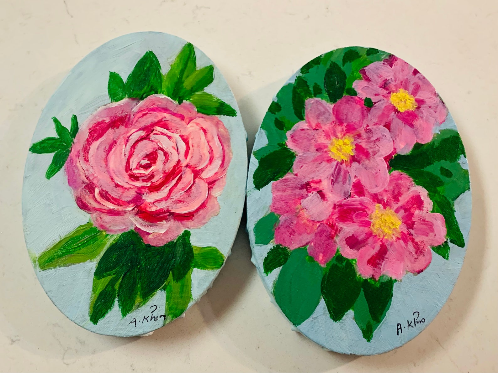Original Oval Shape Floral Painting Set of Two Original .5x7 Vintage ...