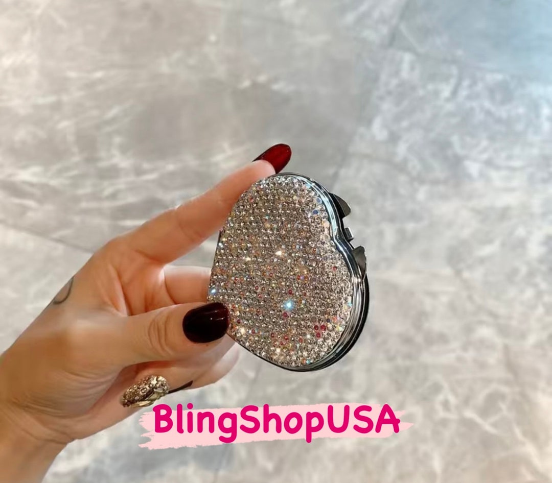 Crystal Encrusted Compact Mirror Heart Shaped Blinged Out White Diamond ...