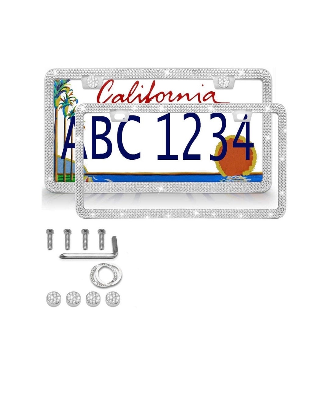 White Crystal Diamond 3 Row Encrusted Ultra Thin License Plate Sparkly ...