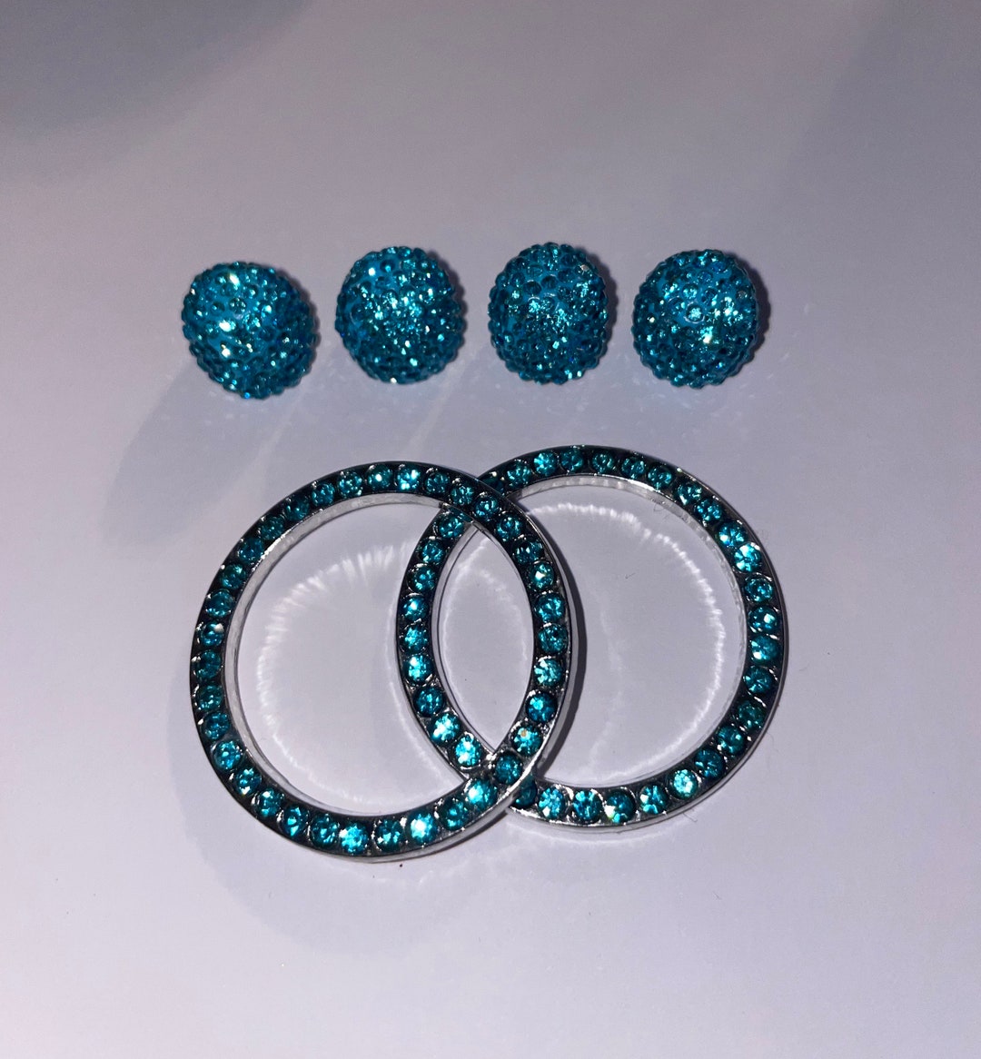6 Pc Bling SET Aqua Blue Aquamarine 4 Tire Valve Caps 2 Ignition Rings ...