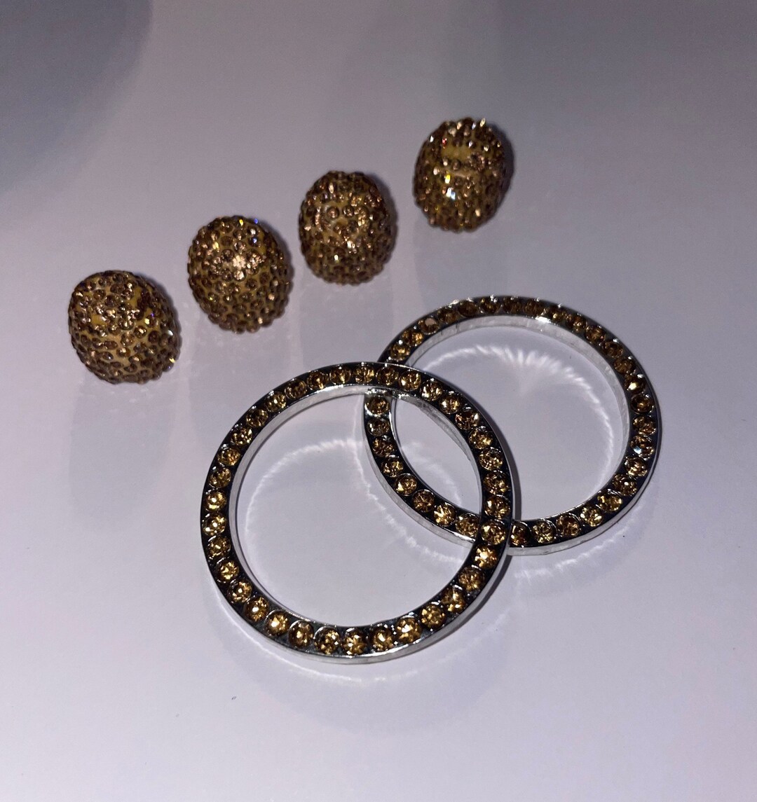 6 Pc Bling SET Champagne Gold 4 Tire Valve Caps 2 Ignition Rings Ac ...