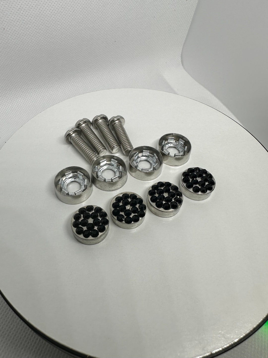 4 Jet Black Diamond Crystal Encrusted SILVER METAL CAPS License Plate ...