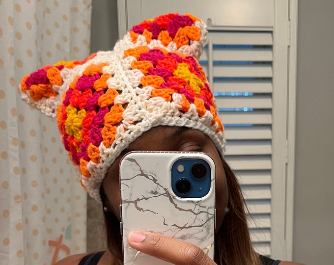 Custom Crochet Granny Square Cat Ear Beanie, Granny Square Cat Ear ...