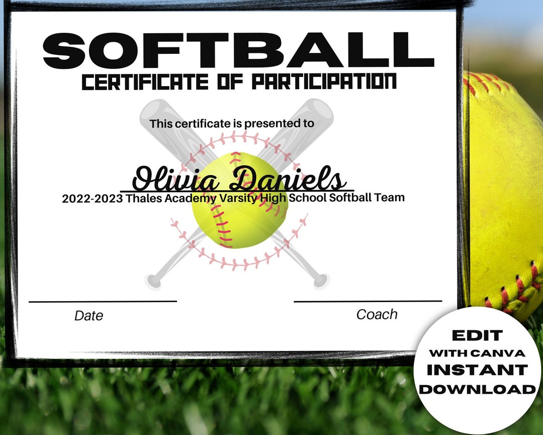 Editable Softball Certificate Template Award - Etsy