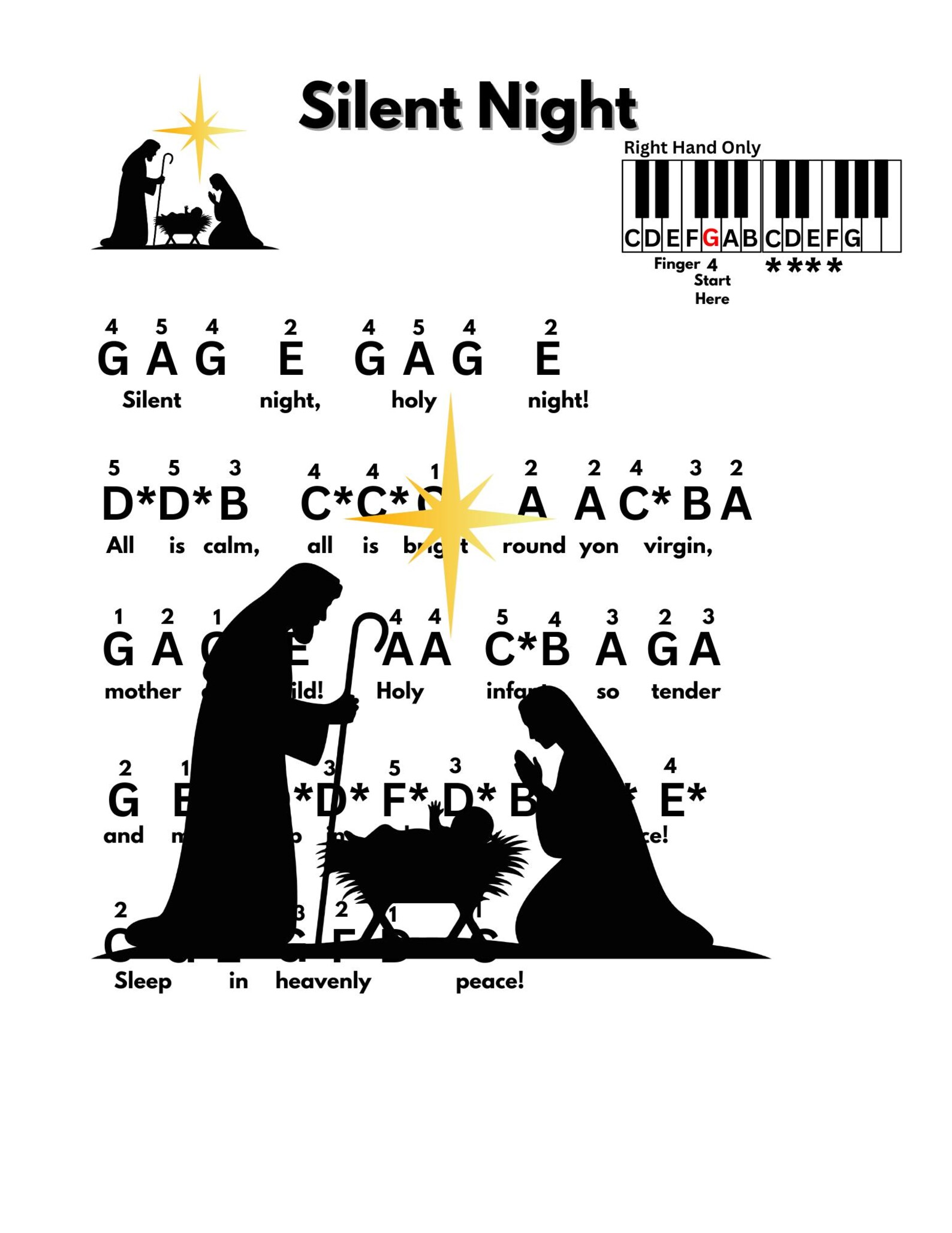 Silent Night Easy Beginner Piano Sheet Music Printable Song, Christmas ...