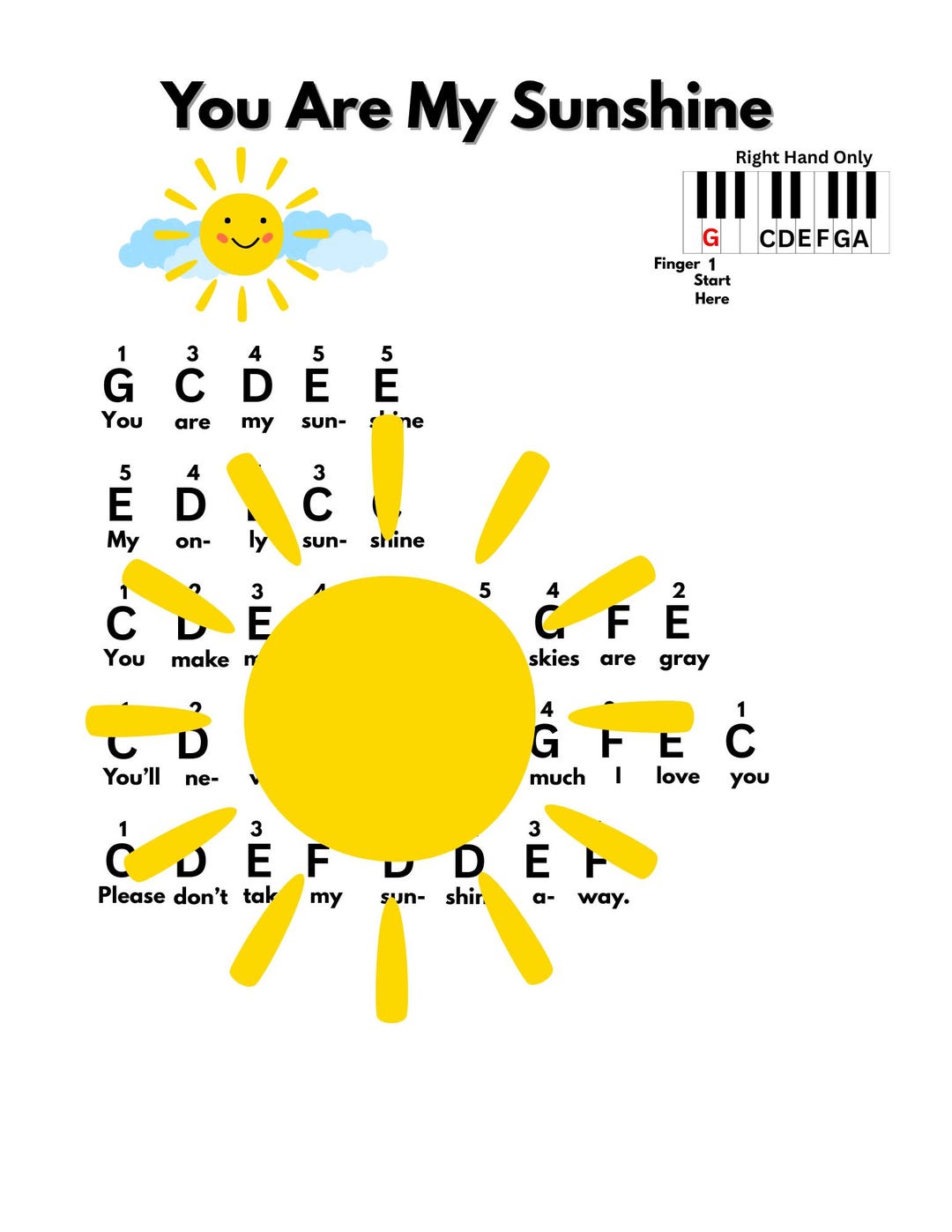 Easy Piano Sheet Music Song You Are My Sunshine, Beginners, Printable ...