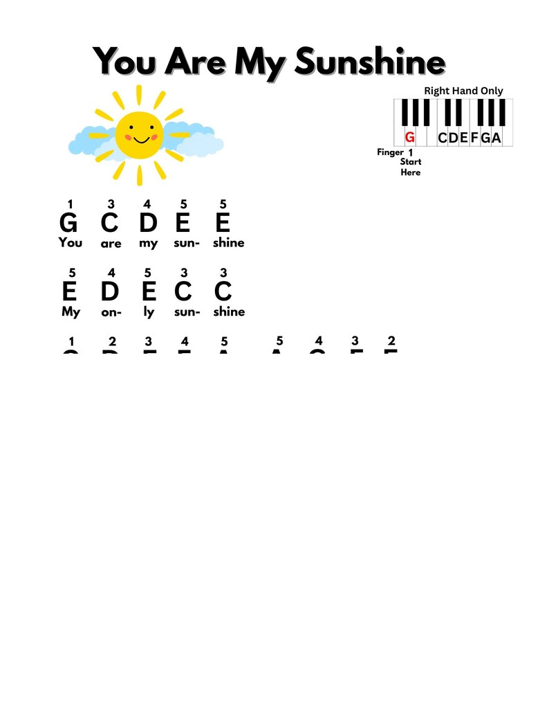 Easy Piano Sheet Music Song You Are My Sunshine, Beginners, Printable ...