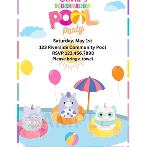 Squishmallow Pool Party Birthday Invitation- Personalized Invitation ...