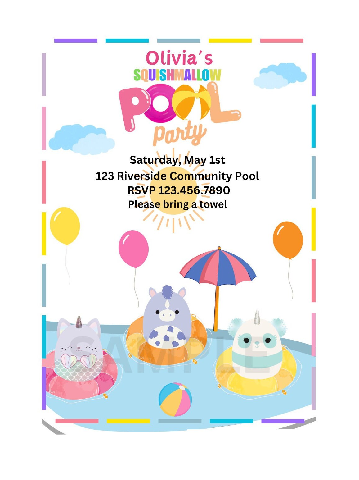 Squishmallow Pool Party Birthday Invitation- Personalized Invitation ...