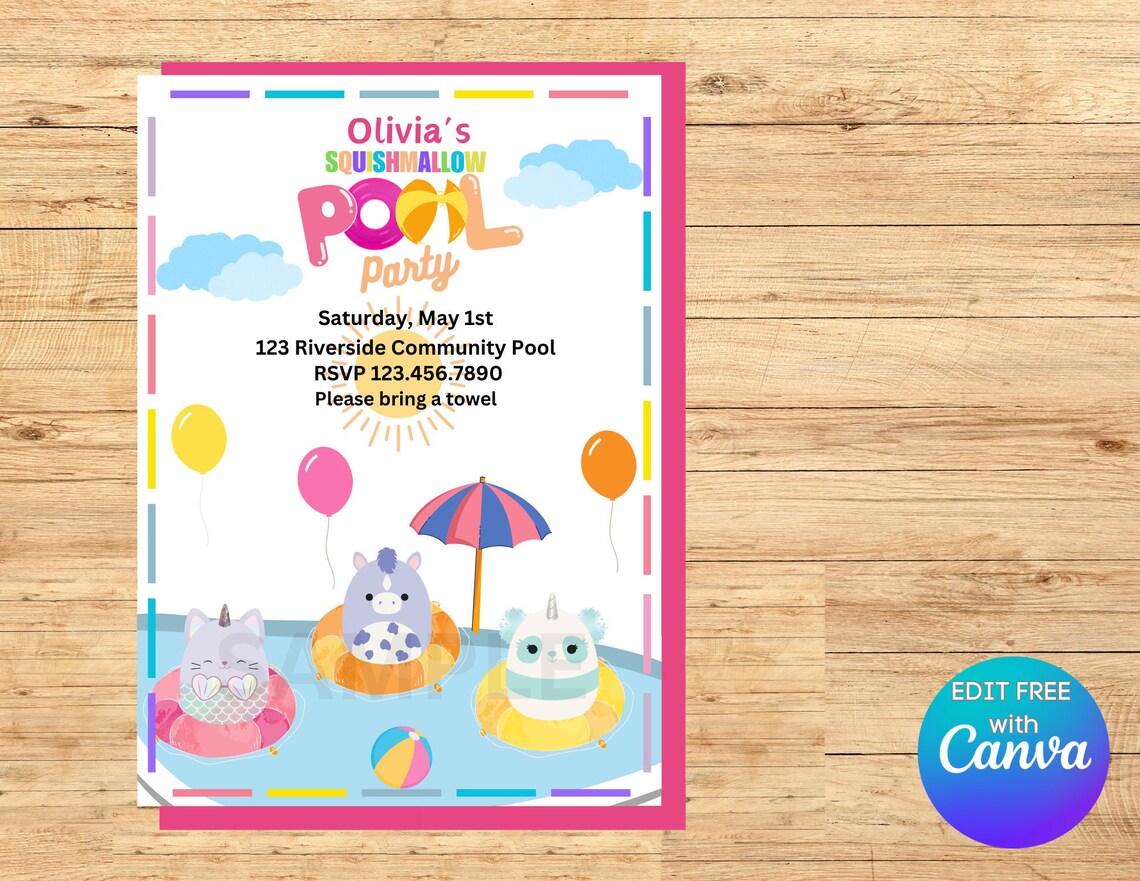 Squishmallow Pool Party Birthday Invitation- Personalized Invitation ...