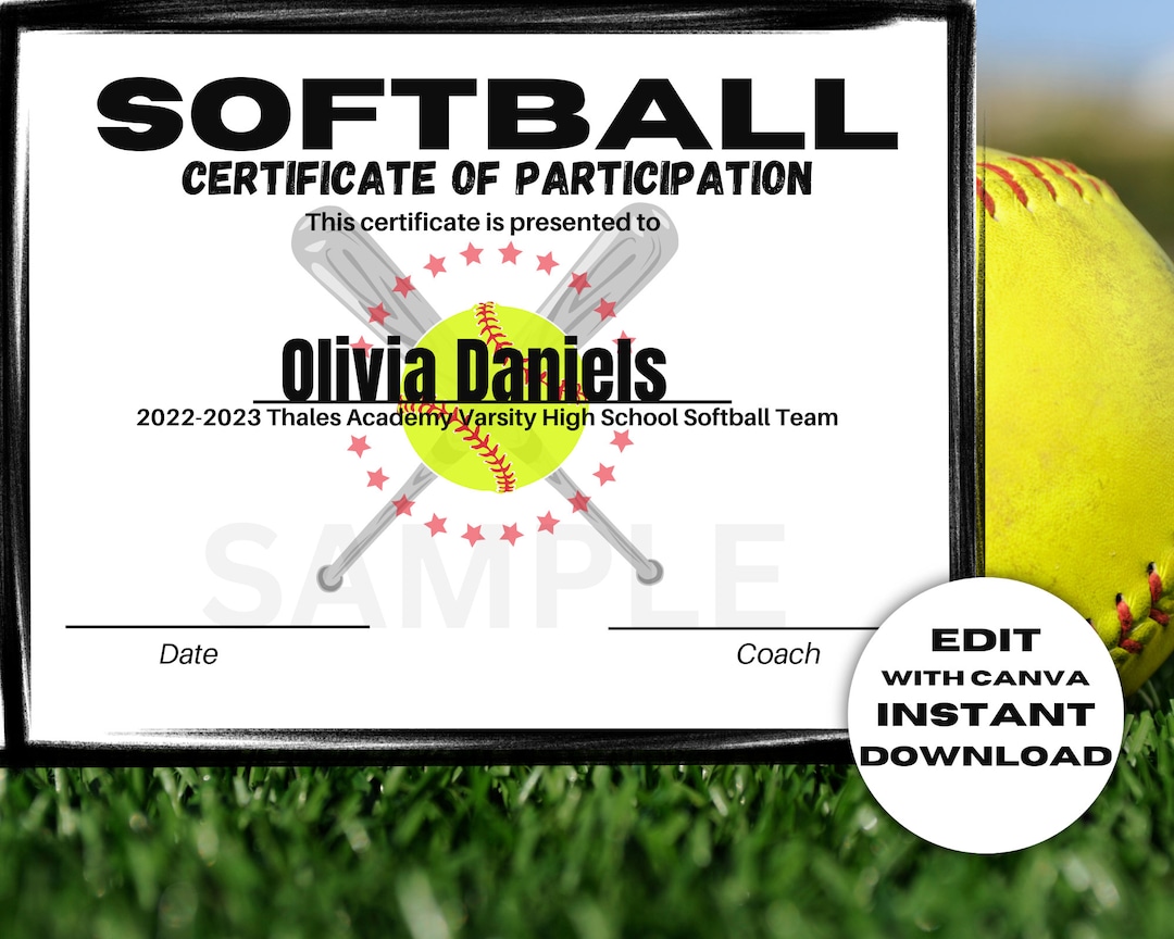Editable Softball Certificate Template- Award- Participation-diploma ...