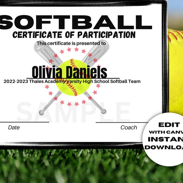 Softball Award Template - Etsy