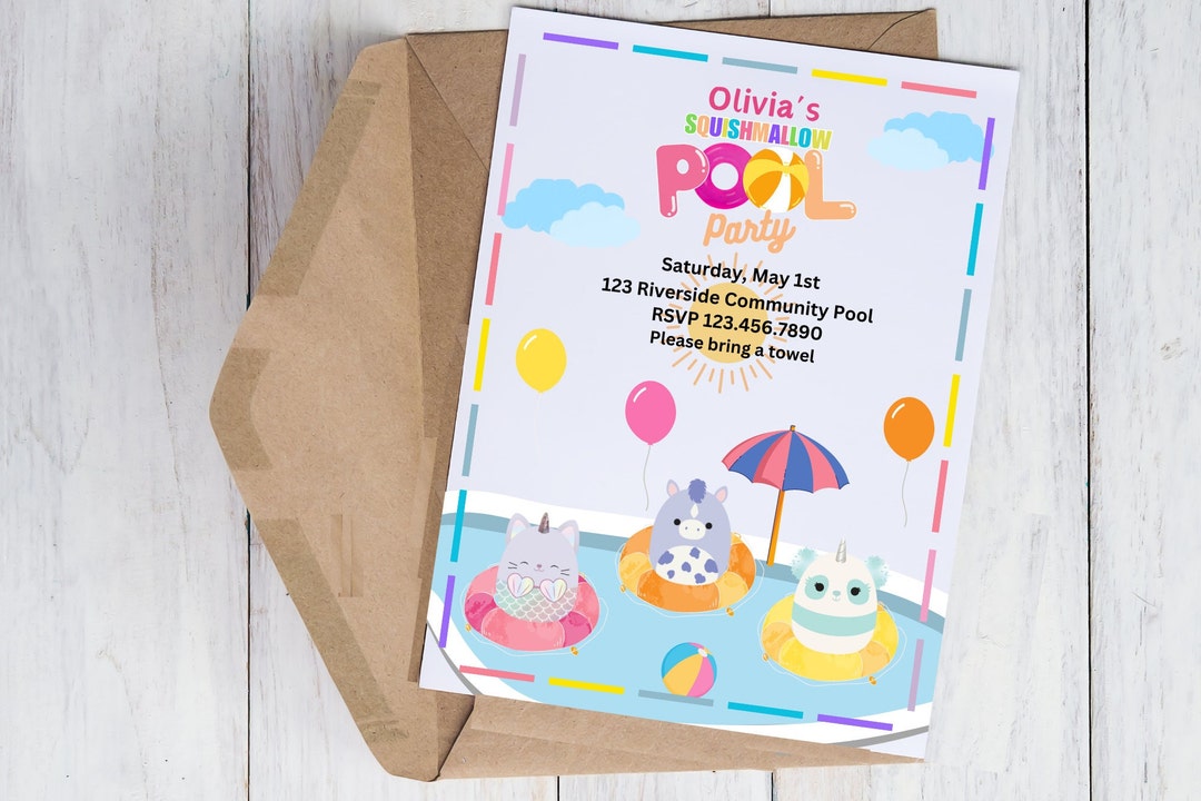 Squishmallow Pool Party Birthday Invitation- Personalized Invitation ...