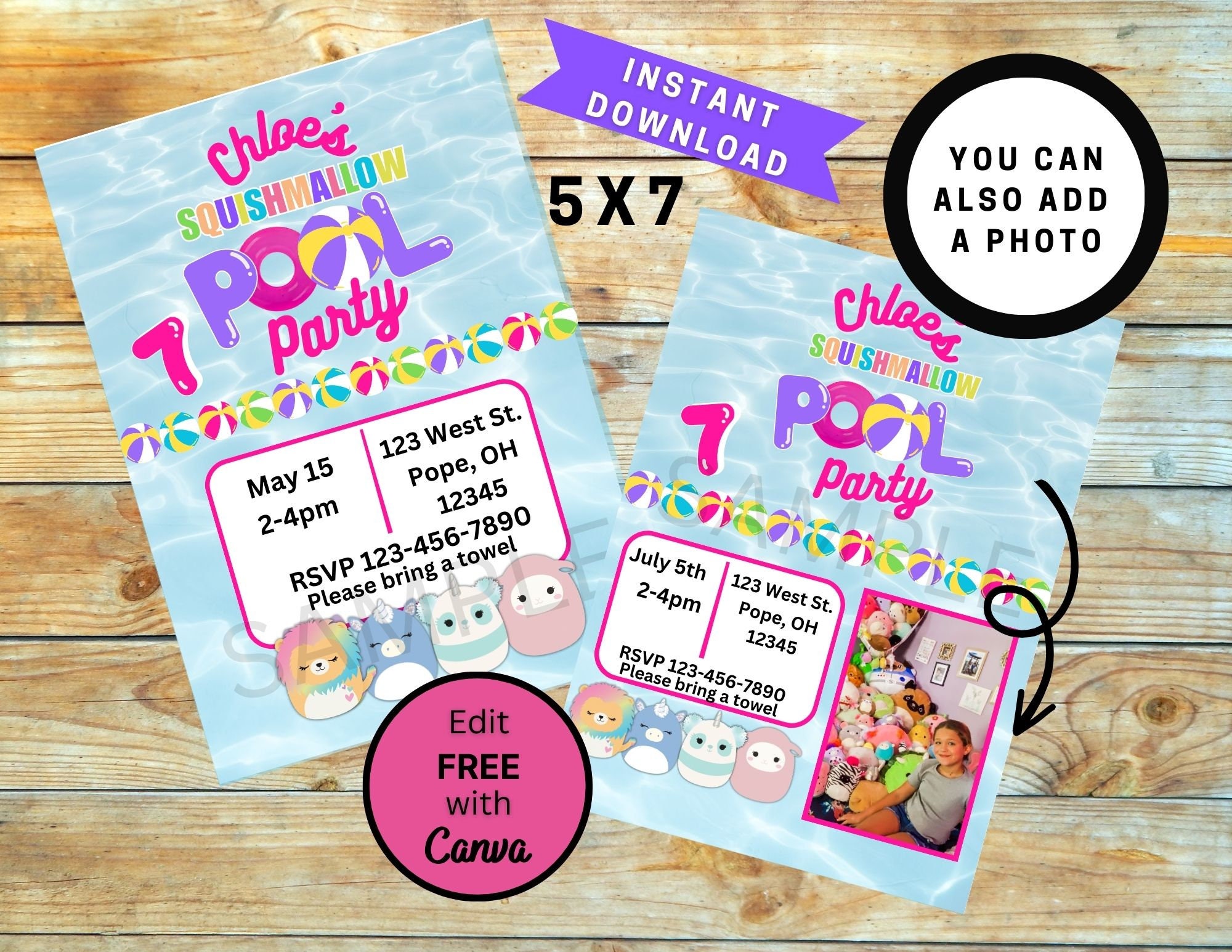 Squishmallow Pool Party Birthday Invitation- Personalized Invitation ...