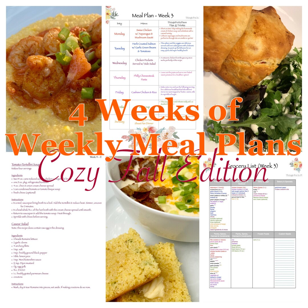 Thingsputinplace 4 Week - Weekly Meal Plan Kit (includes Recipes and ...