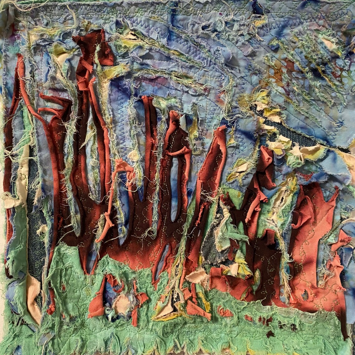 Fiber Forest. Fabric Collage. 6 Layer Fiber Art Landscape. Quilted Wall ...