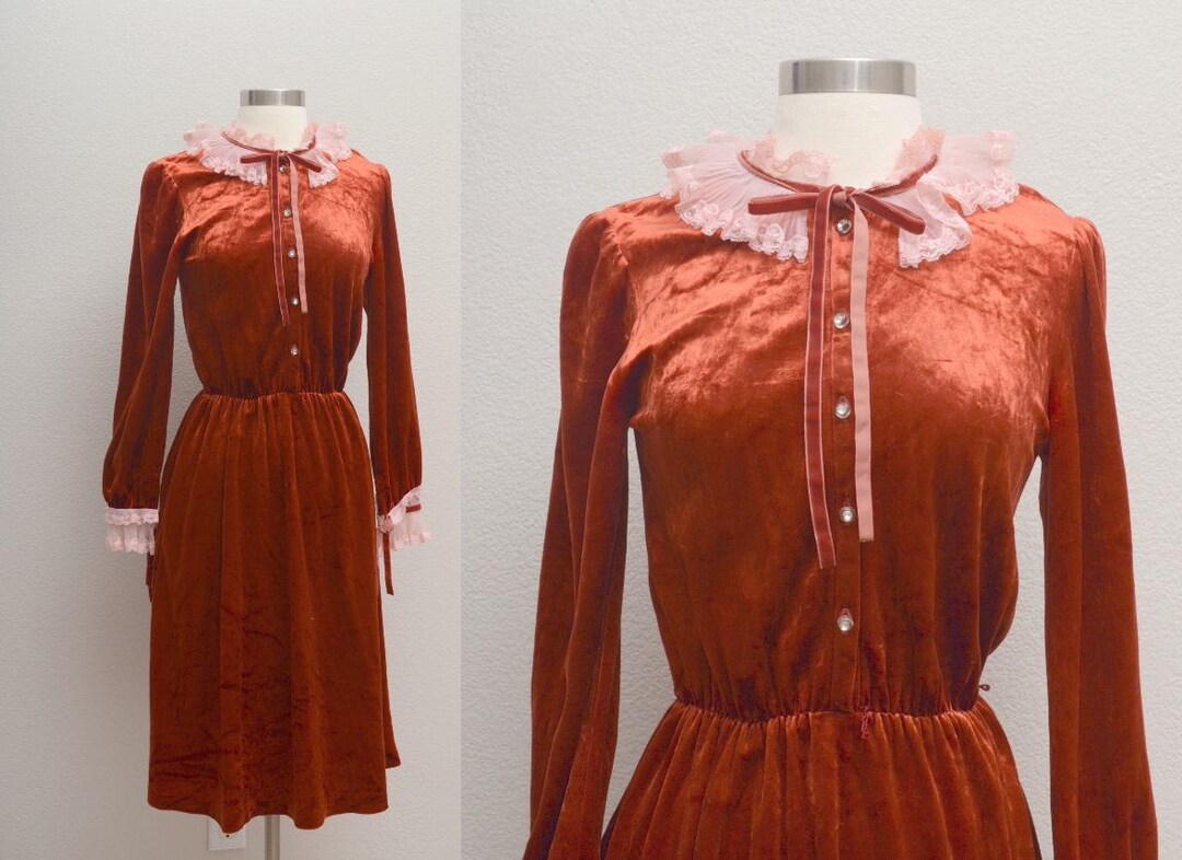1970s Maroon Red Crushed Velvet Dolly Dress With Lace Collar & Rhinestone Buttons XS - Etsy