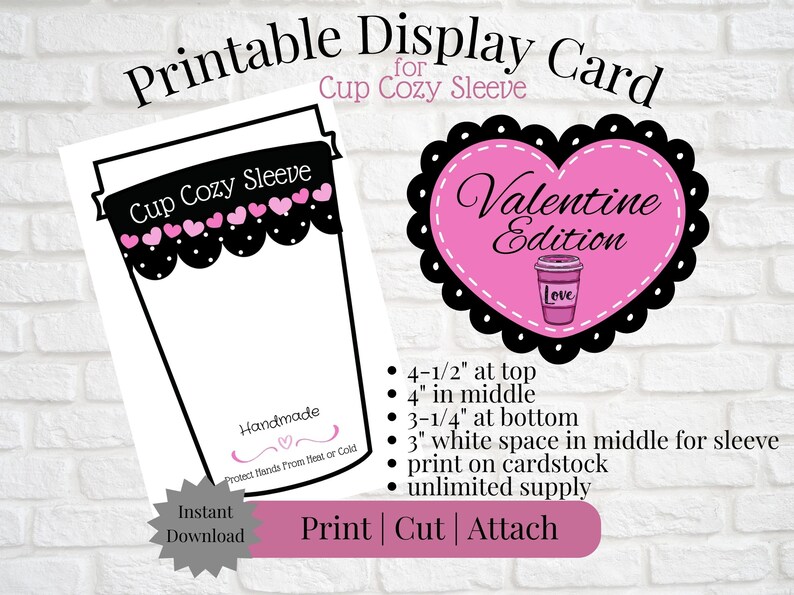 Printable Display Card for Cup Sleeve Cozy Valentine's Day Cup Shaped ...