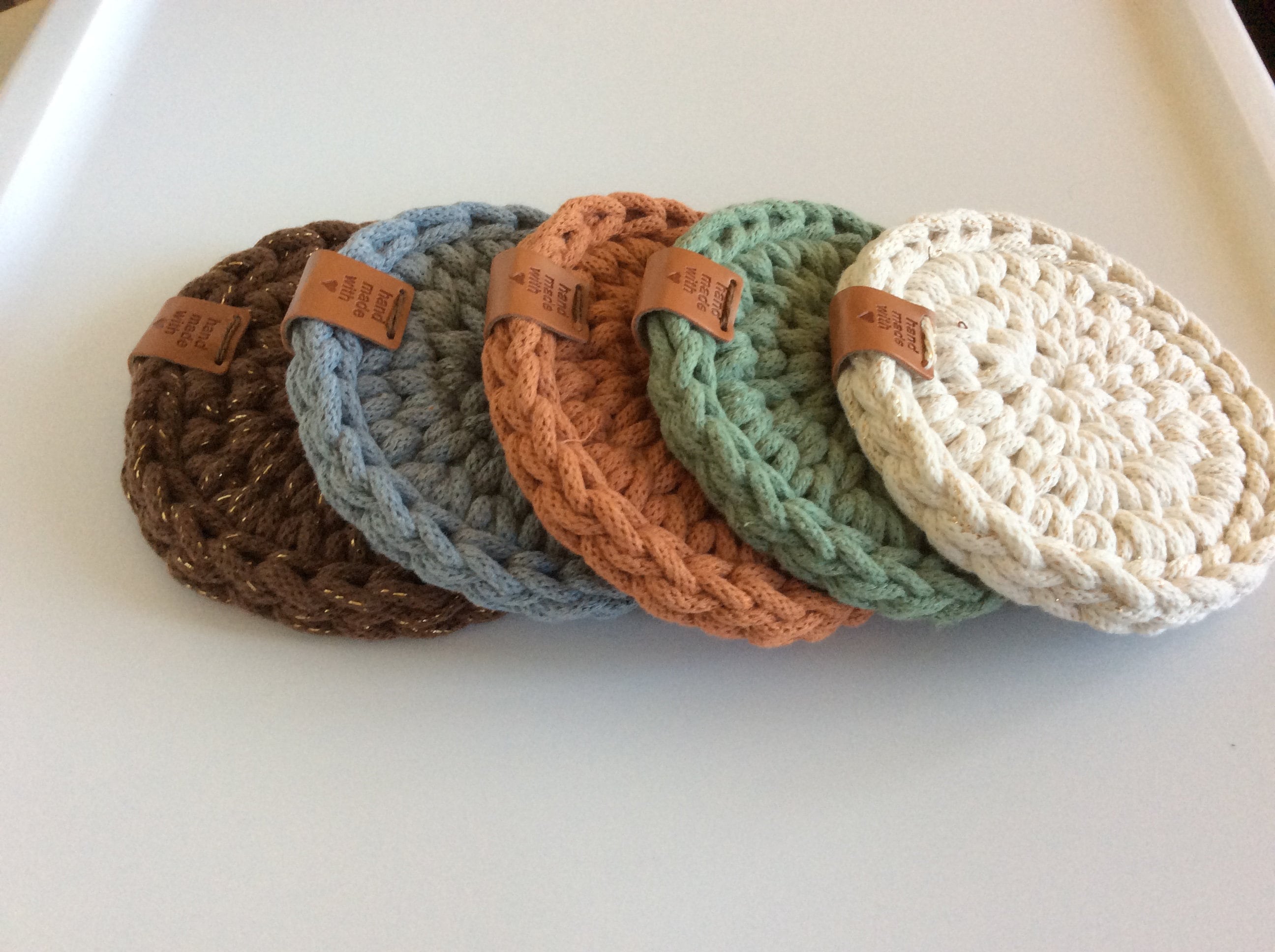 Set of 2 Round Cotton Coasters With Leather Accent, Hand Crocheted ...