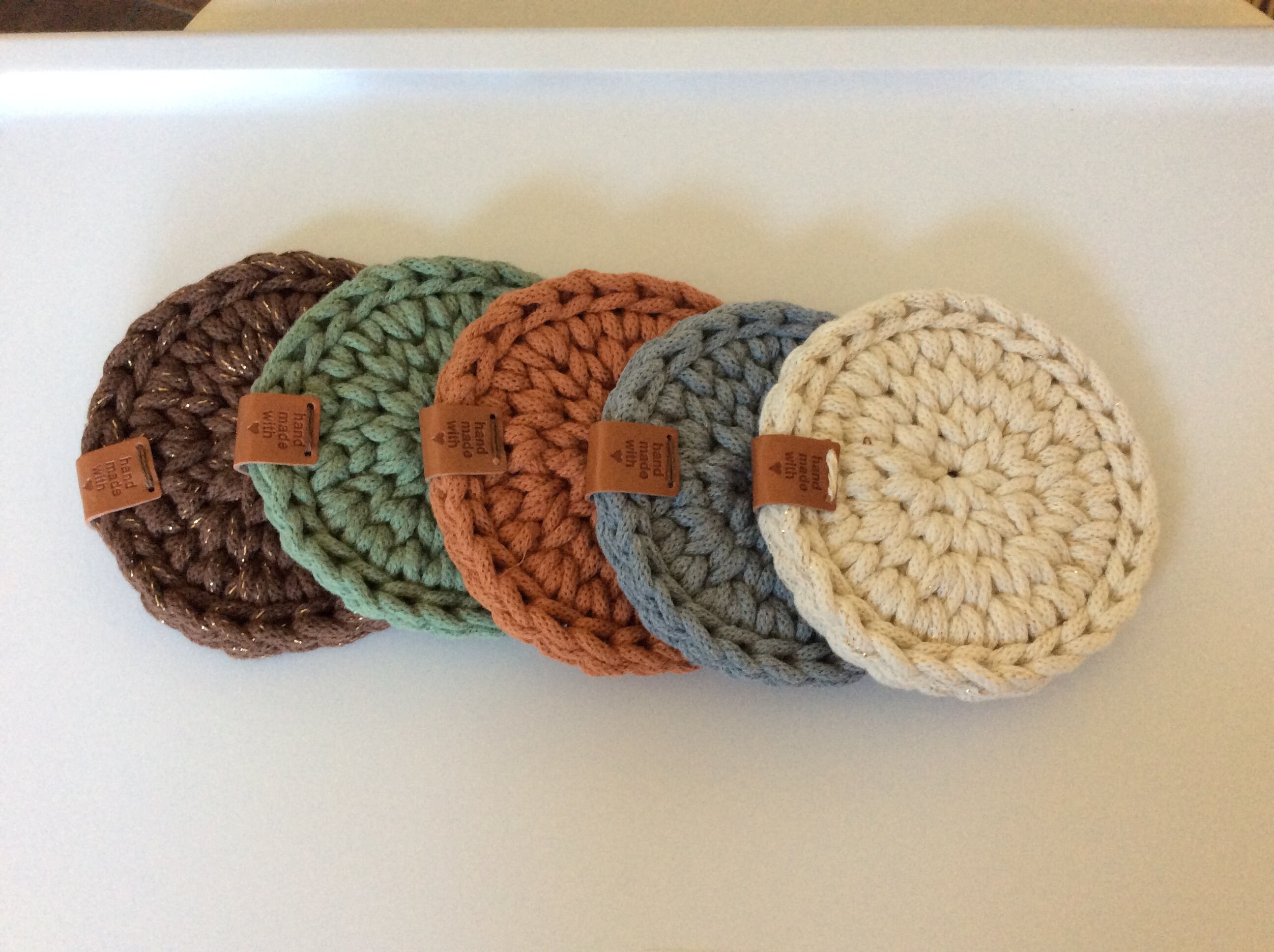 Set of 2 Round Cotton Coasters With Leather Accent, Hand Crocheted ...