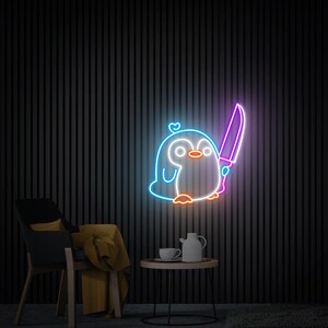Cute Penguin Neon Sign, Penguin Holding Knife Drinking Led Light Sign ...