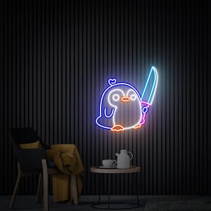 Cute Penguin Neon Sign, Penguin Holding Knife Drinking Led Light Sign ...