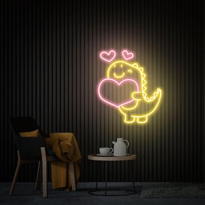 Dinosaur Neon Sign, Dinosaur With Heart Led Light, Neon Wall Art ...