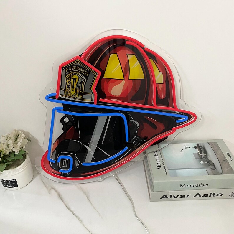 Firefighter Helmet LED Neon Pop Art, Fire Station Decor, Fire Helmet ...