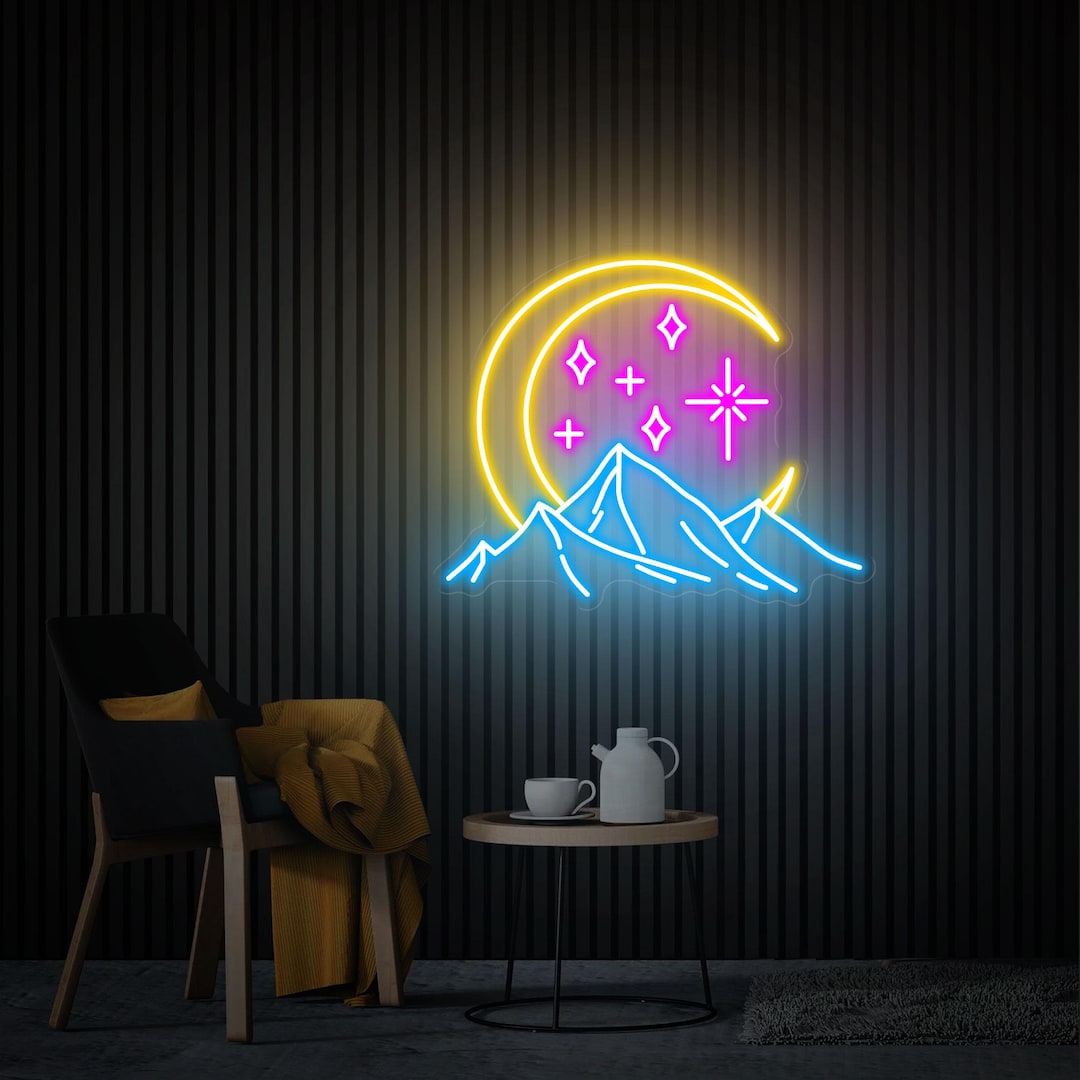Moon and Mountain Neon Sign, Moon and Stars Neon Sign Art, Handmade ...