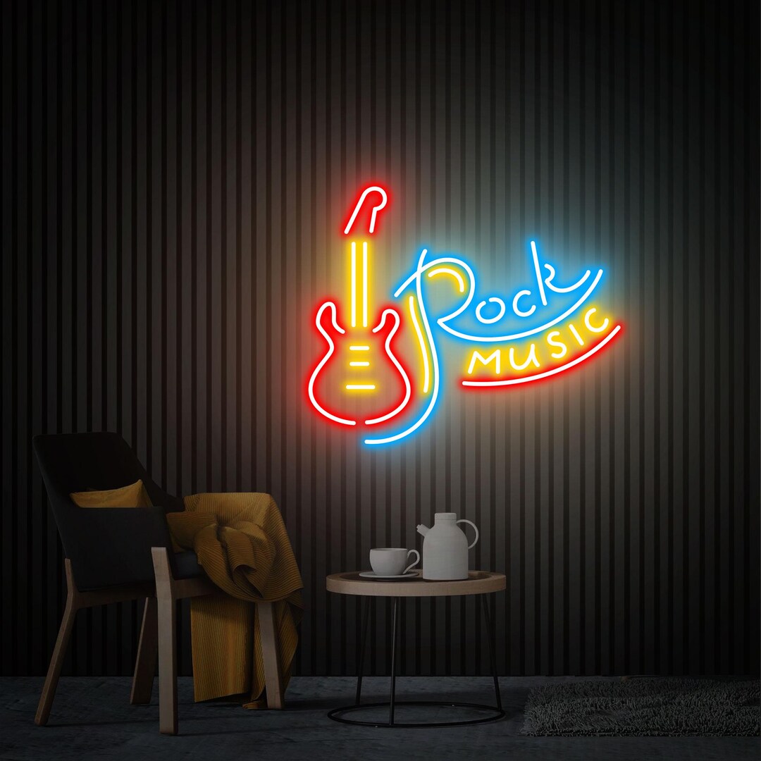 Rock Music Guitar Neon Sign, Live Music Studio Bar Wall Decor, Custom ...