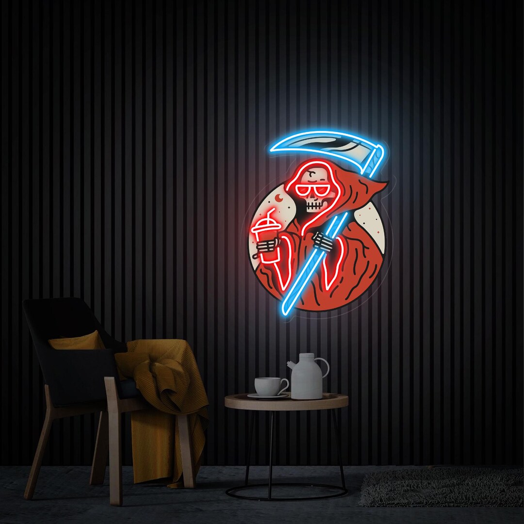 Off-duty Grim Reaper Neon Sign Light Pop Art, Grim Reaper With Bubble ...