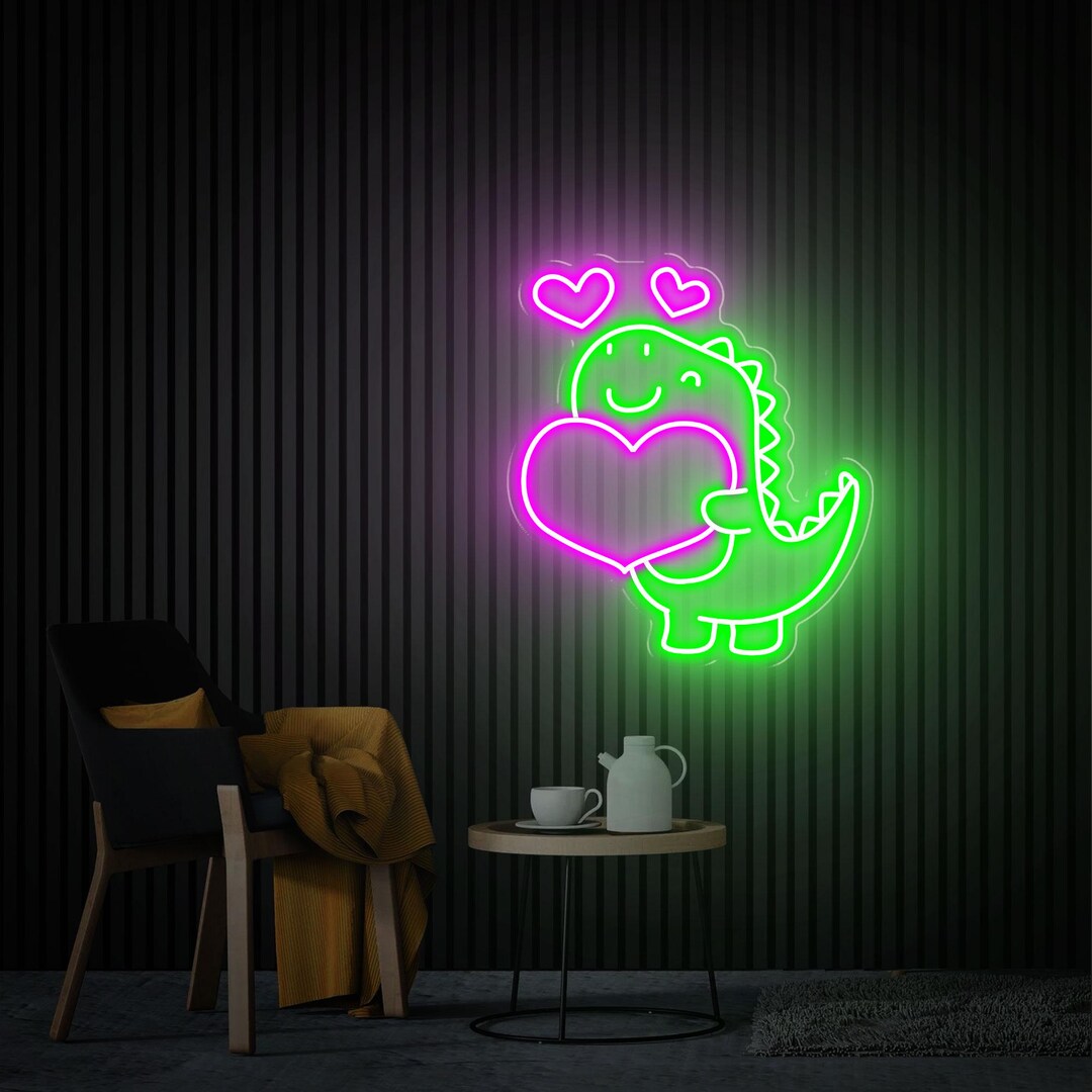 Dinosaur Neon Sign, Dinosaur With Heart Led Light, Neon Wall Art ...