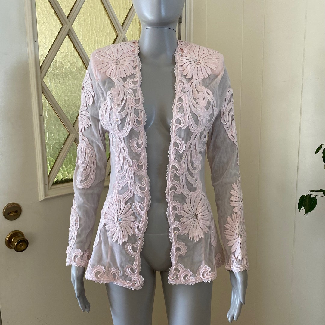 Elegant Pale Pink Sheer Mesh Jacket Embellished With Lace Applique' and ...
