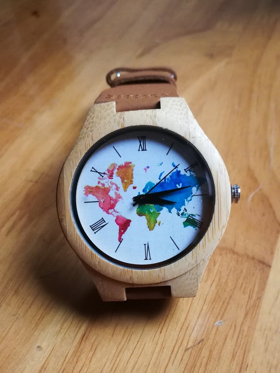 World Map Watch Watercolor Watch Unisex Watch Bamboo Wooden | Etsy