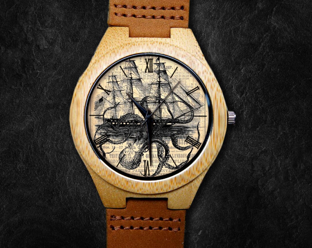 Nordic Sea Monster, Octopus Watch, Compass Watch, Unisex Watch, Bamboo ...