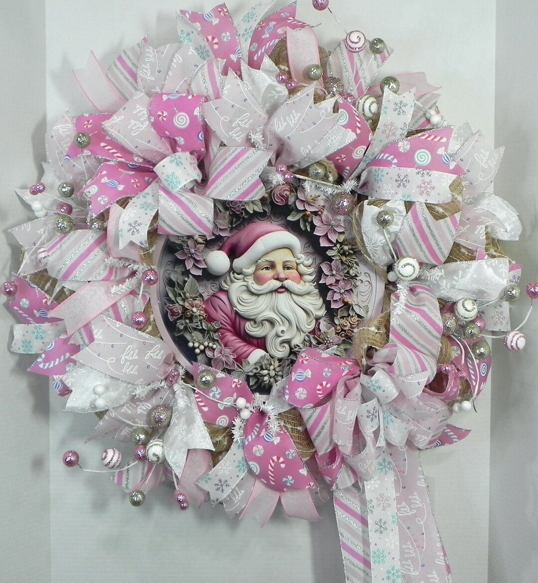 Pink Christmas Wreath, Pink Santa Wreath, Pink Holiday Wreath - Etsy
