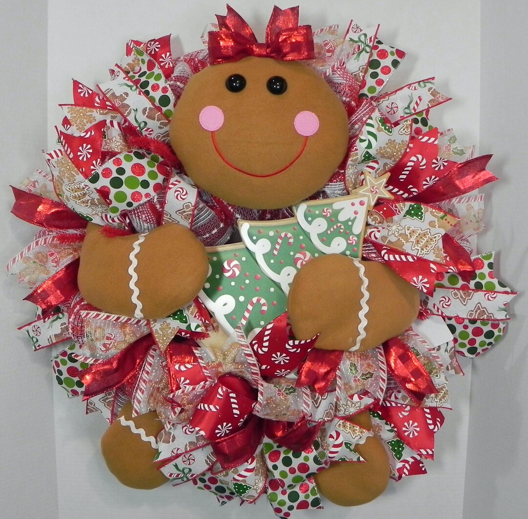 Gingerbread Girl Christmas Wreath, Red & White Deco Mesh - Etsy